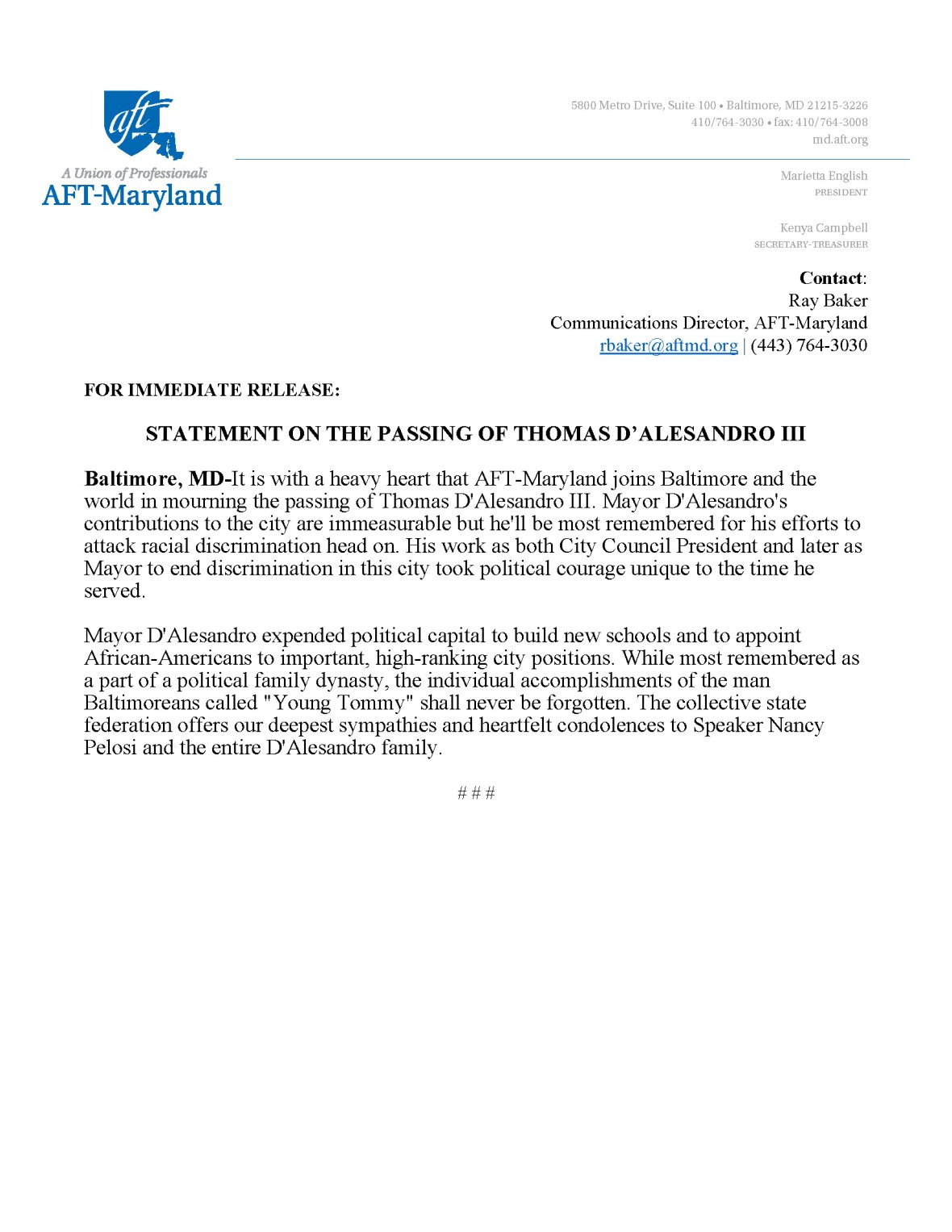 Statement on the Passing of Thomas D'Alesandro III | AFT-Maryland