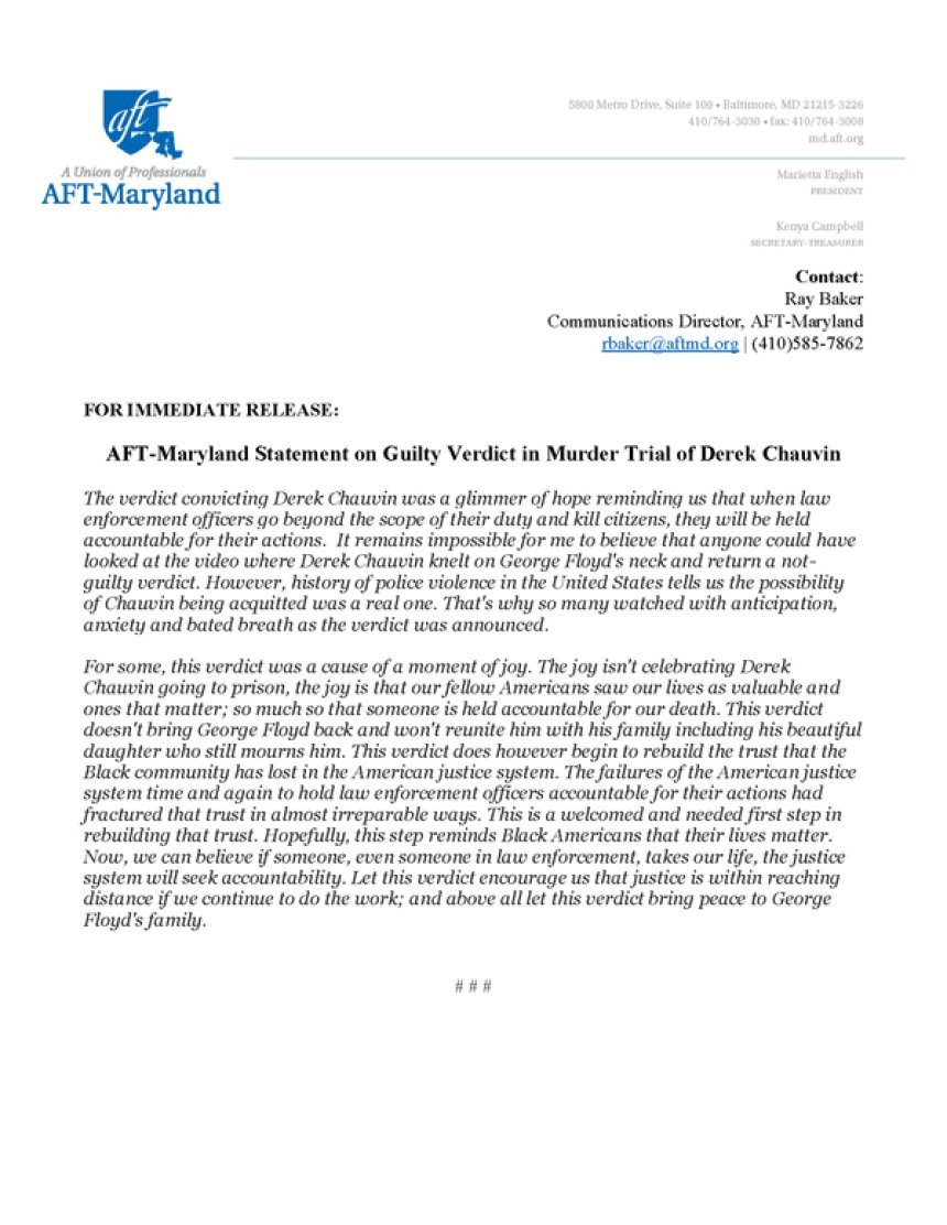 Statement on Guilty Verdict | AFT-Maryland